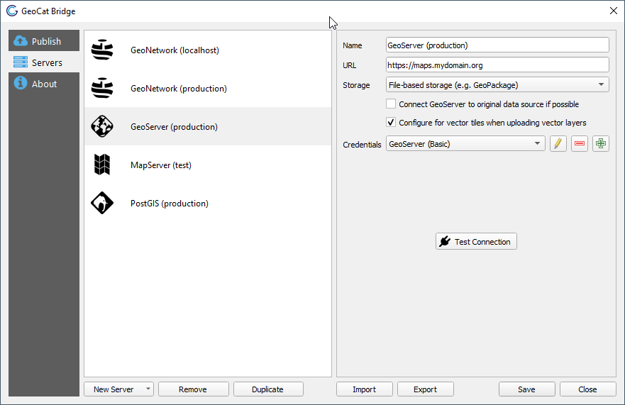 Server Connections — GeoCat Bridge for QGIS 4.4.1 documentation
